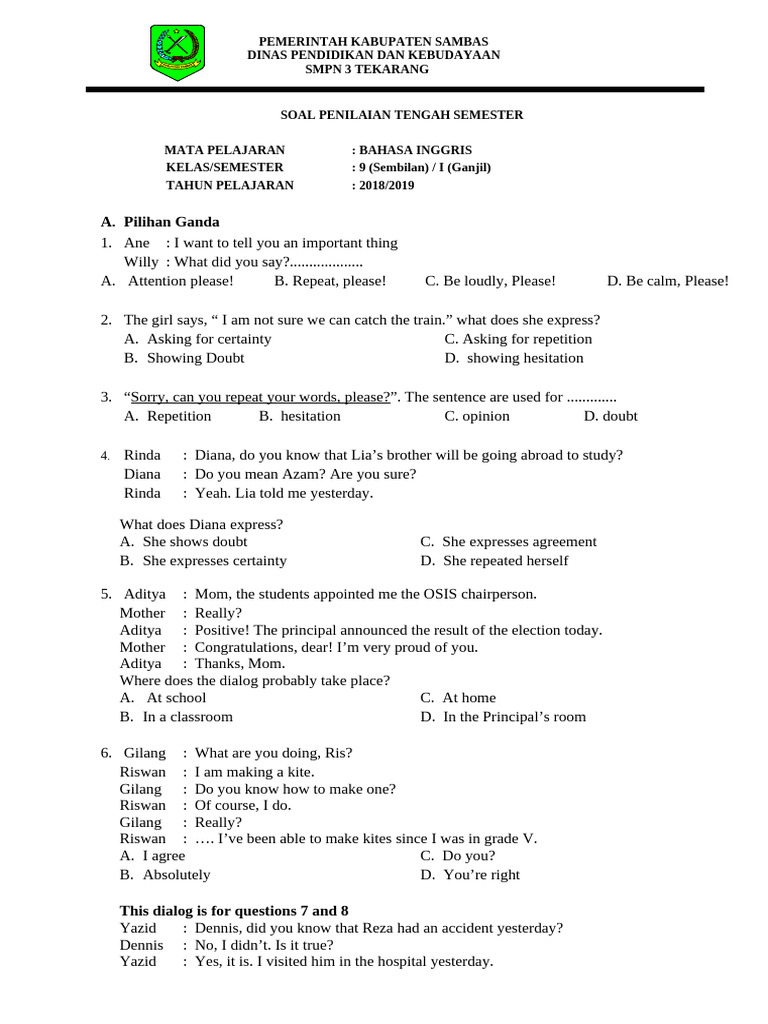 Soal Mid Kls 9 k13 1819 | PDF | Kebab | Cooking
