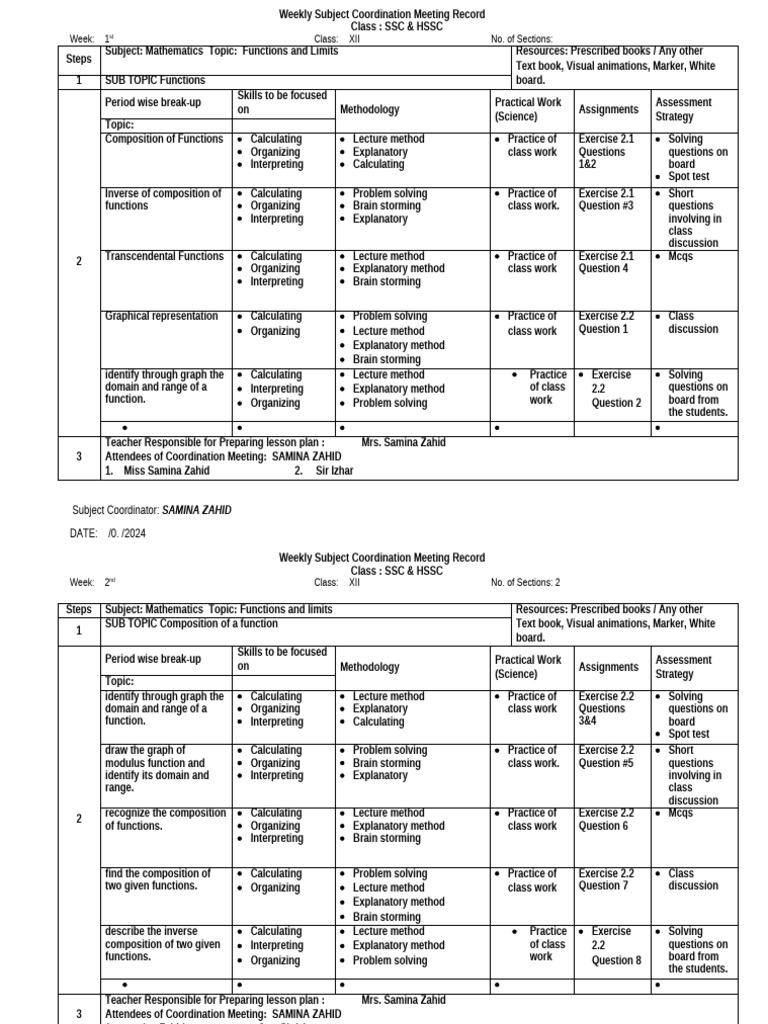 Coordination Plans XII WEEK 1 - 8 | PDF | Derivative | Function ...