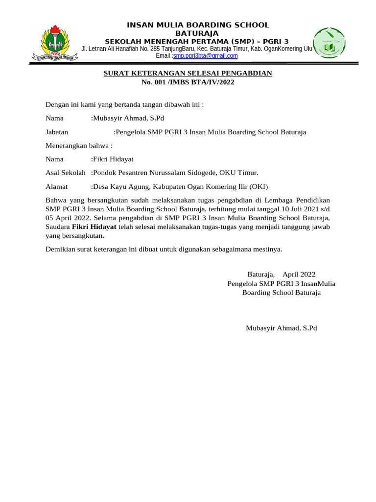 Surat Keterangan Selesai Pengabdian | PDF