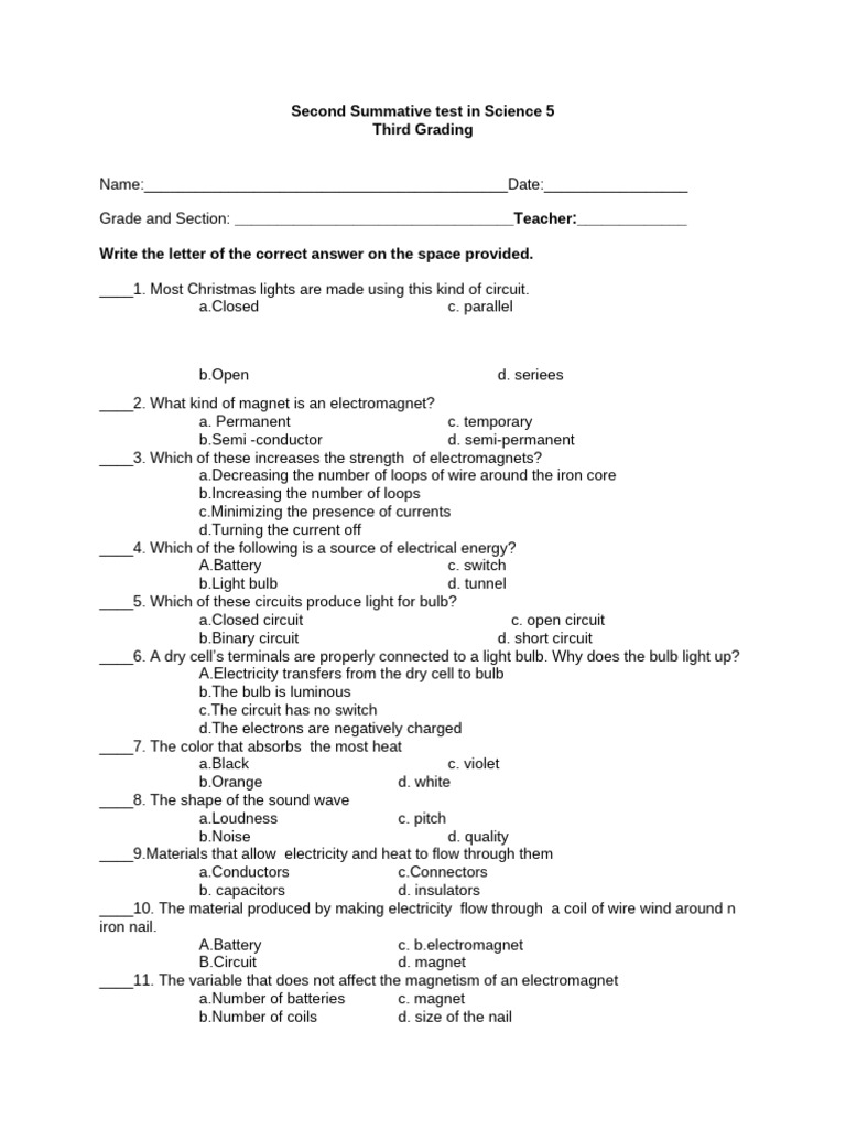 Grade 5 Science Test: Circuits & Electromagnets | PDF | Electricity ...
