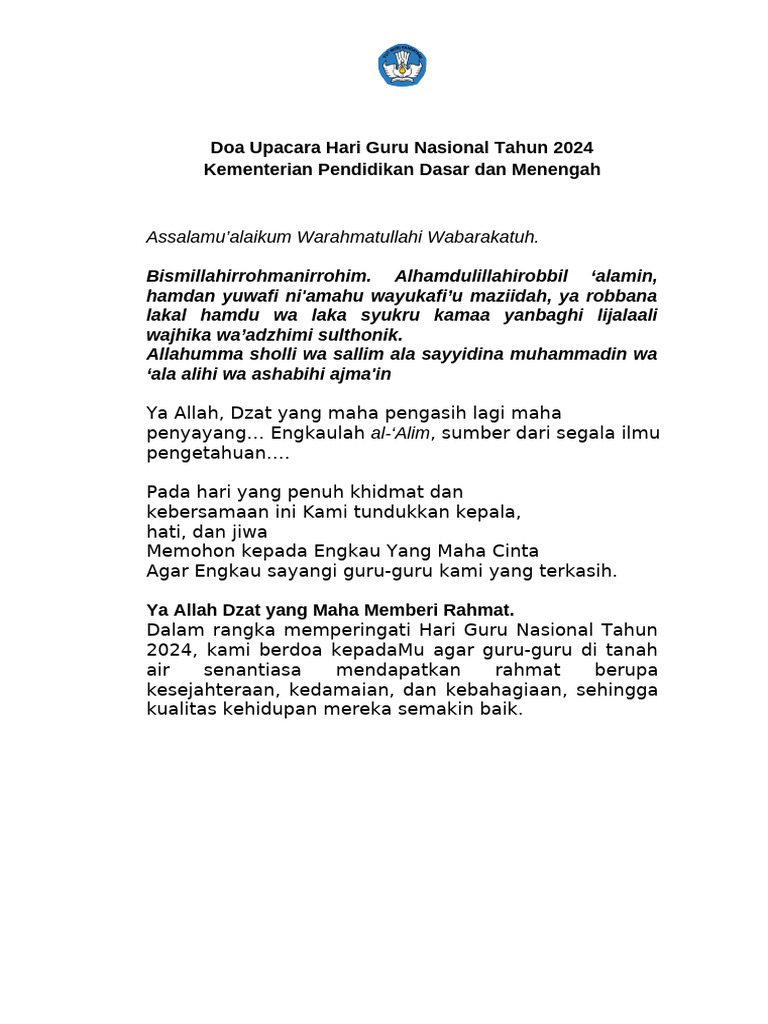 Doa Upacara Hari Guru Nasional 2024 | PDF