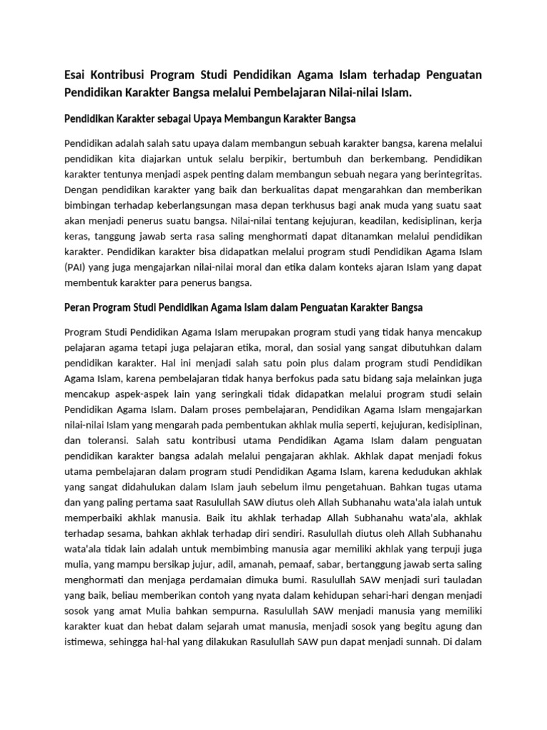 Esai Kontribusi Program Studi Pendidikan Agama Islam Terhadap Penguatan Pendidikan Karakter ...