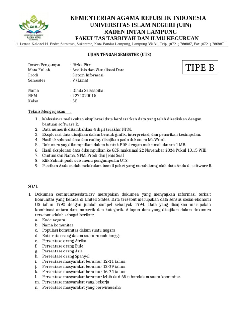 2024.11.20 UTS ANALISIS DAN VISUALISASI DATA TIPE B - Protected | PDF