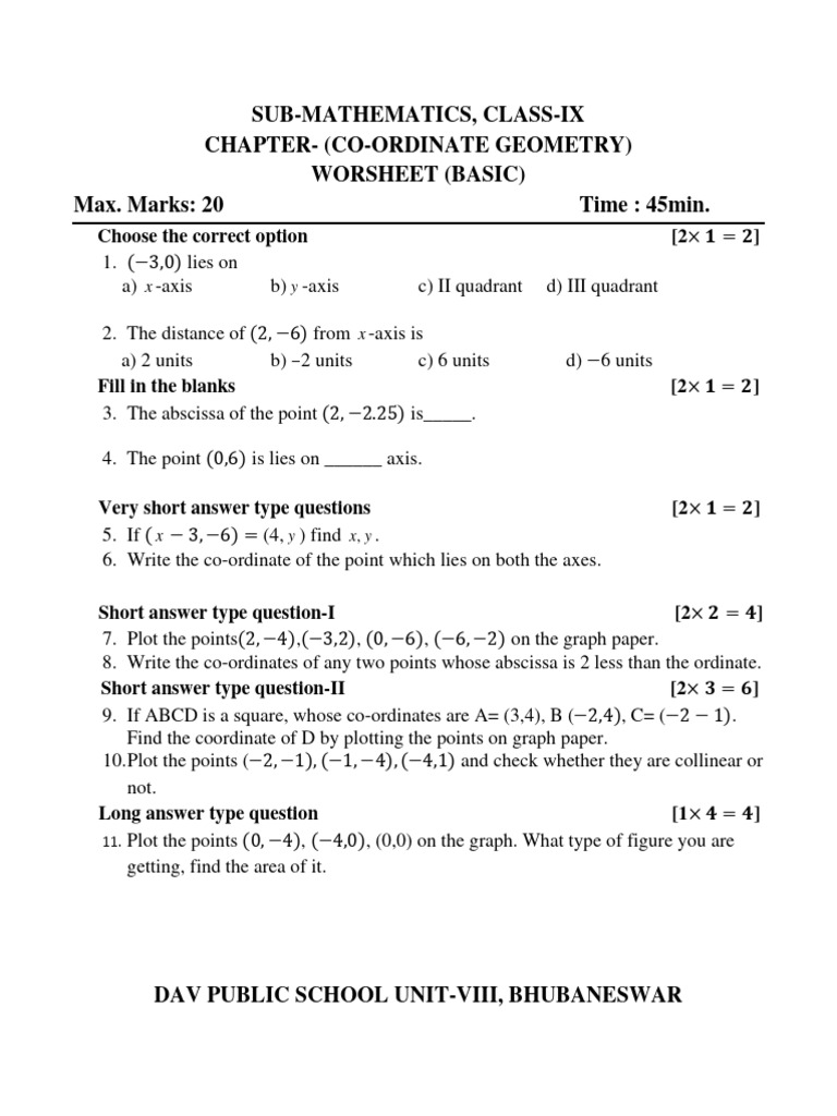 Std-Ix Coordinate Geometry Worksheet | PDF | Cartesian Coordinate ...