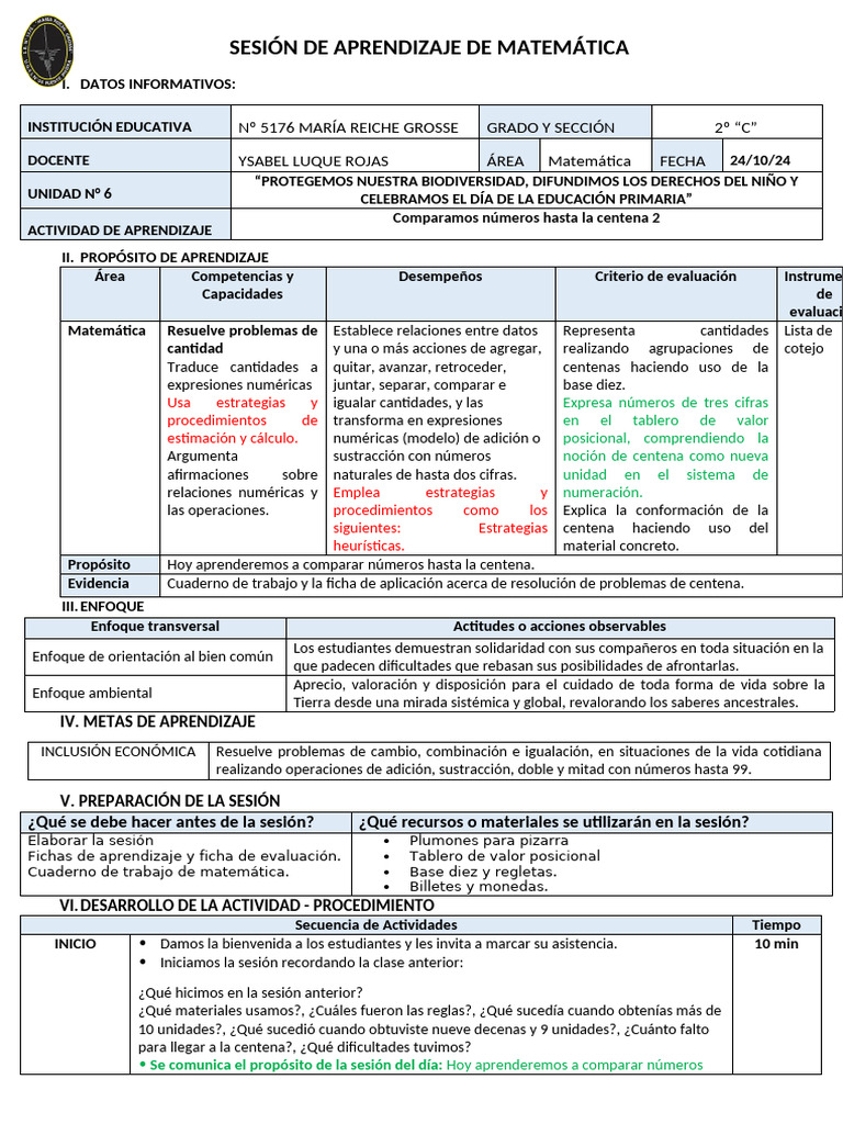 Sesion Mat Comparamos Numeros Hasta La Centena 2 | PDF | Aprendizaje | Evaluación