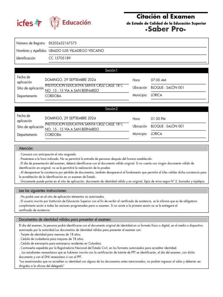 Citacion Saber Pro-2 | PDF | Documento de identidad | Gobierno y personalidad