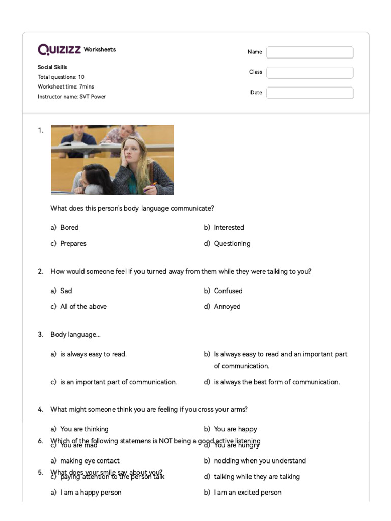 Quizizz - Social Skills | PDF | Body Language | Social Psychology