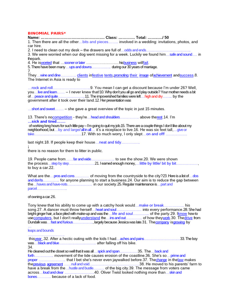 Binomial Pairs Worksheet Exercises | PDF