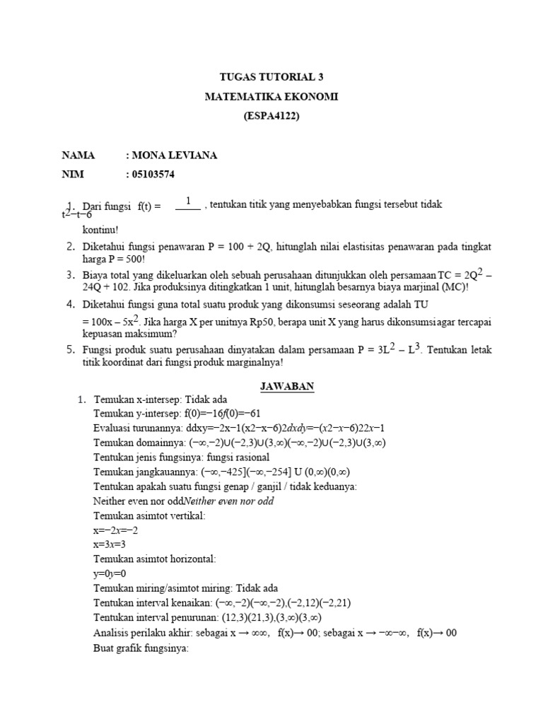 Tugas Tutorial 3 Espa4122 - Mona Leviana - MTK Ekonomi | PDF