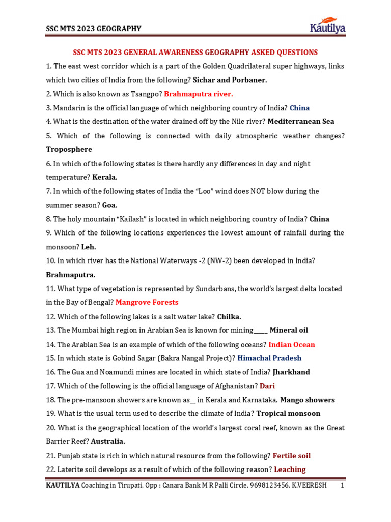 SSC MTS 2023 GEOGRAPHY Asked Questions by VEERESH SIR. | PDF | Monsoon ...