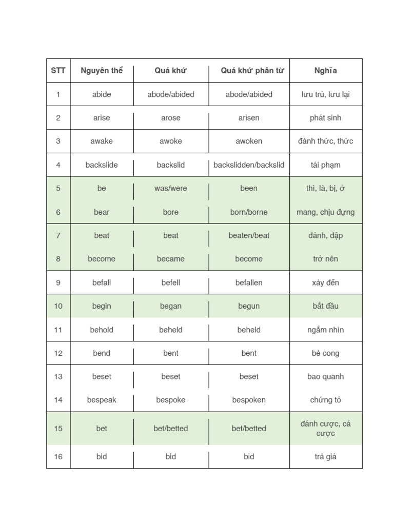 Irregular Verbs (360 Động Từ Bất Quy Tắc) | PDF