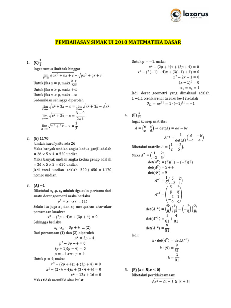 (Pembahasan) 206 SIMAK UI Matdas 2010 | PDF