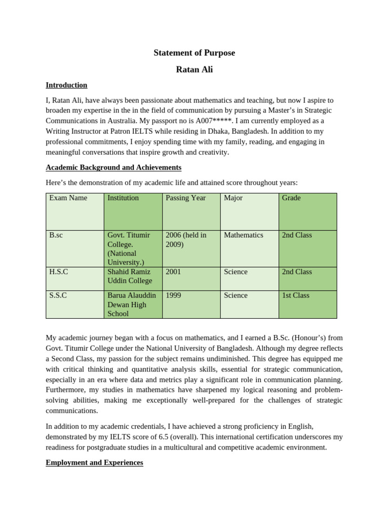 Statement of Purpose | PDF | Strategic Communication | Cognition