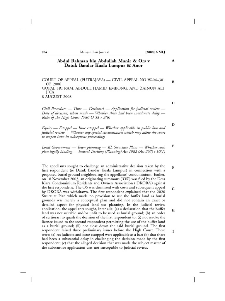 Abdul Rahman Bin Abdullah Munir & Ors V Datuk Bandar Kuala Lumpur & Anor (2008) 6 MLJ 704 | PDF ...