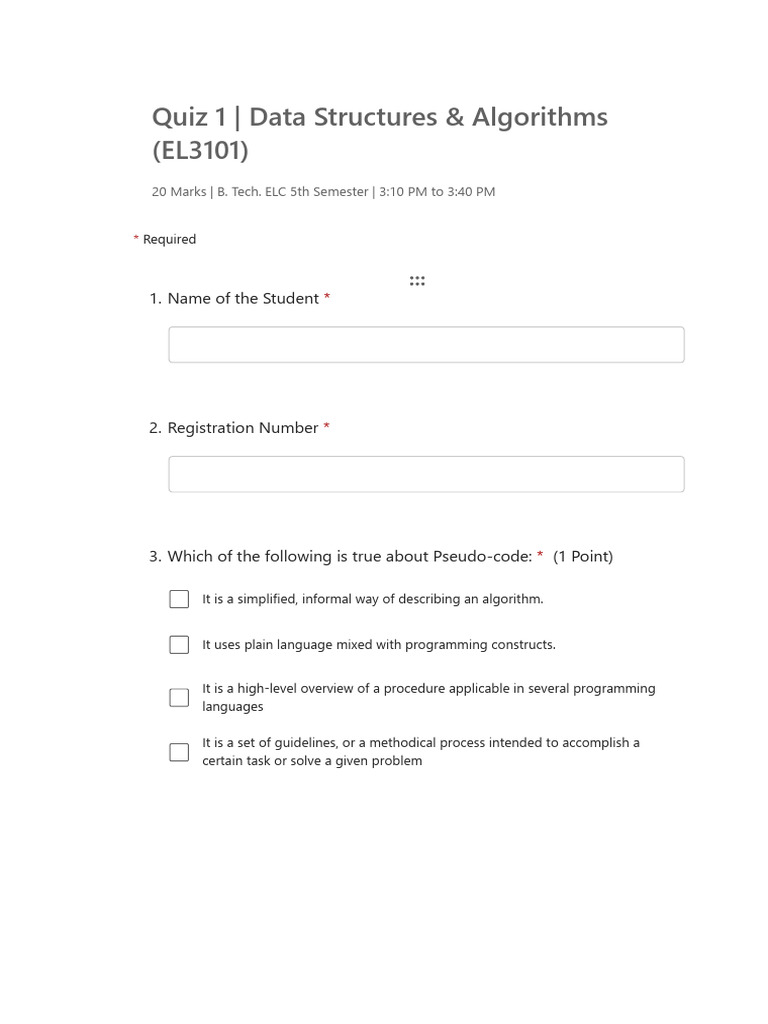 Quiz 1 Data Structures And Algorithms El3101 Pdf Algorithms Applied Mathematics