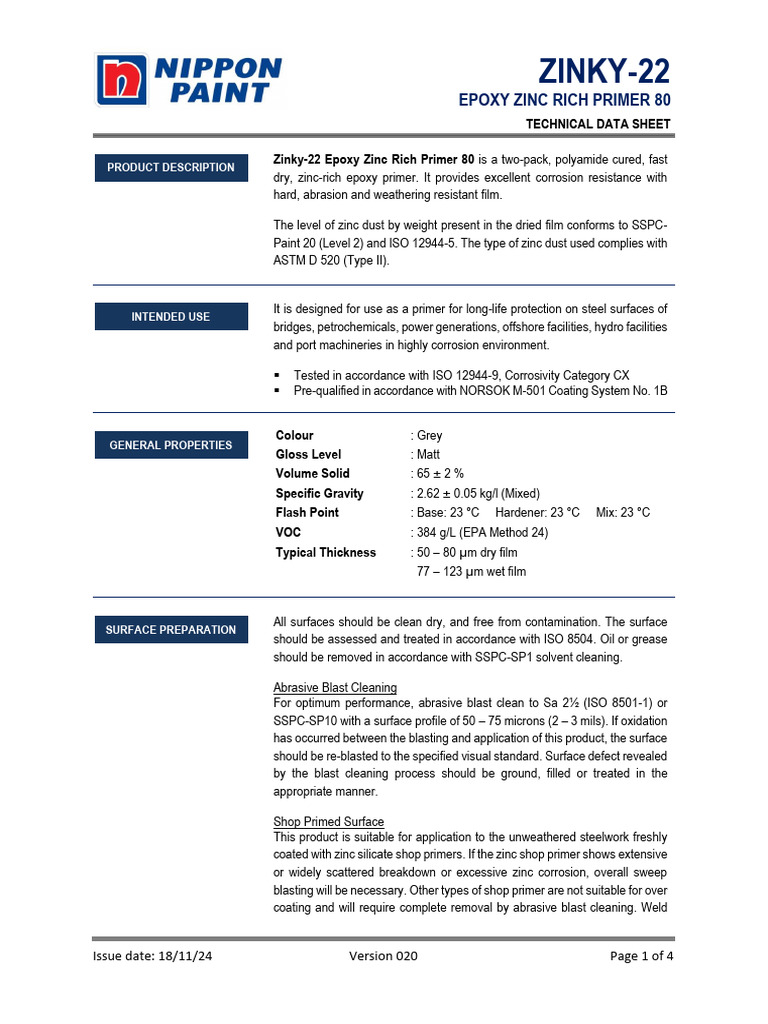 Zinky-22 Epoxy Zinc Rich Primer 80 (Ver 20.0) | PDF | Paint | Corrosion