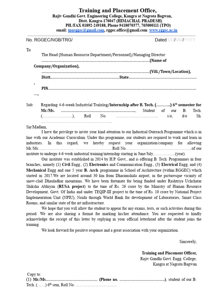 TPO and ATPO Letter 6th Sem Internships Training | PDF