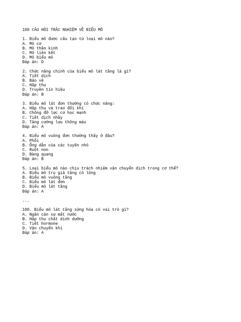 100 Cau Hoi Trac Nghiem Bieu Mo | PDF