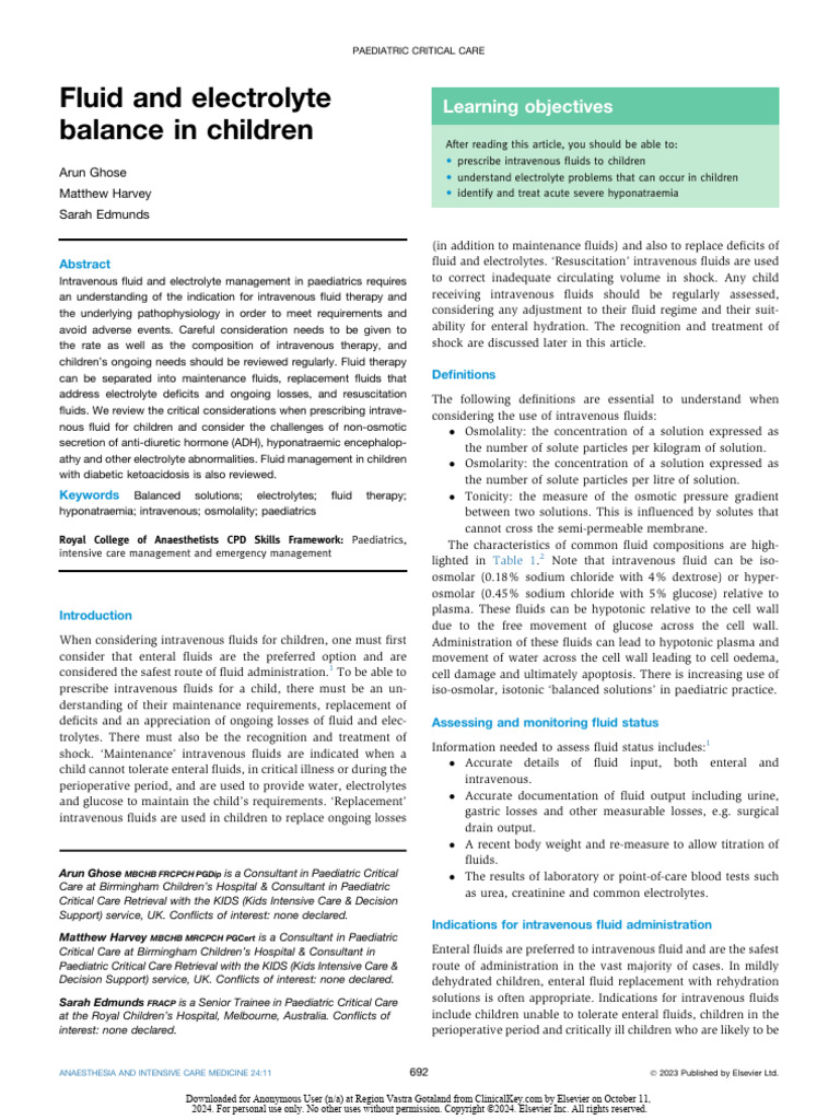Fluid and Electrolyte Balance in Children | PDF | Shock (Circulatory ...