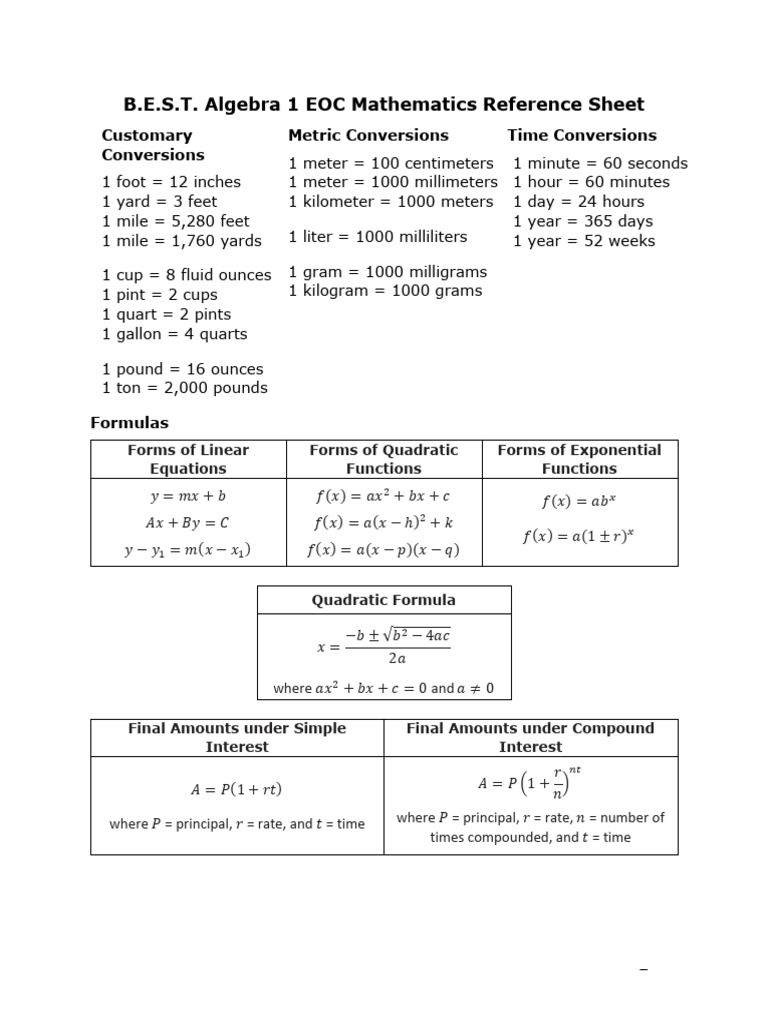 BEST Algebra 1 EOC Mathematics Reference Sheet | PDF