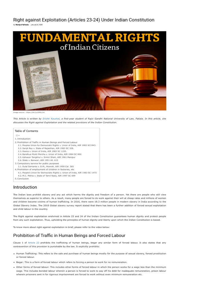 Right Against Exploitation: Indian Constitution Articles 23-24 | PDF ...