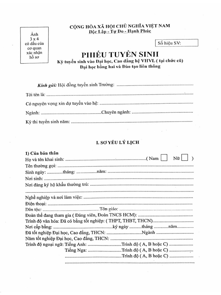 Mẫu phiếu tuyển sinh 2023 | PDF