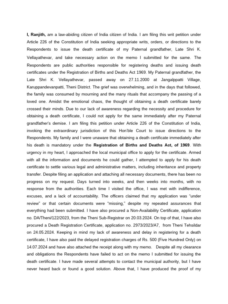 Ranjith - Death Certificate Issue | PDF | Writ | Justice