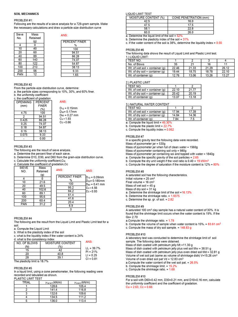 Soil Mech Problem Set | PDF | Density | Particle Size Distribution