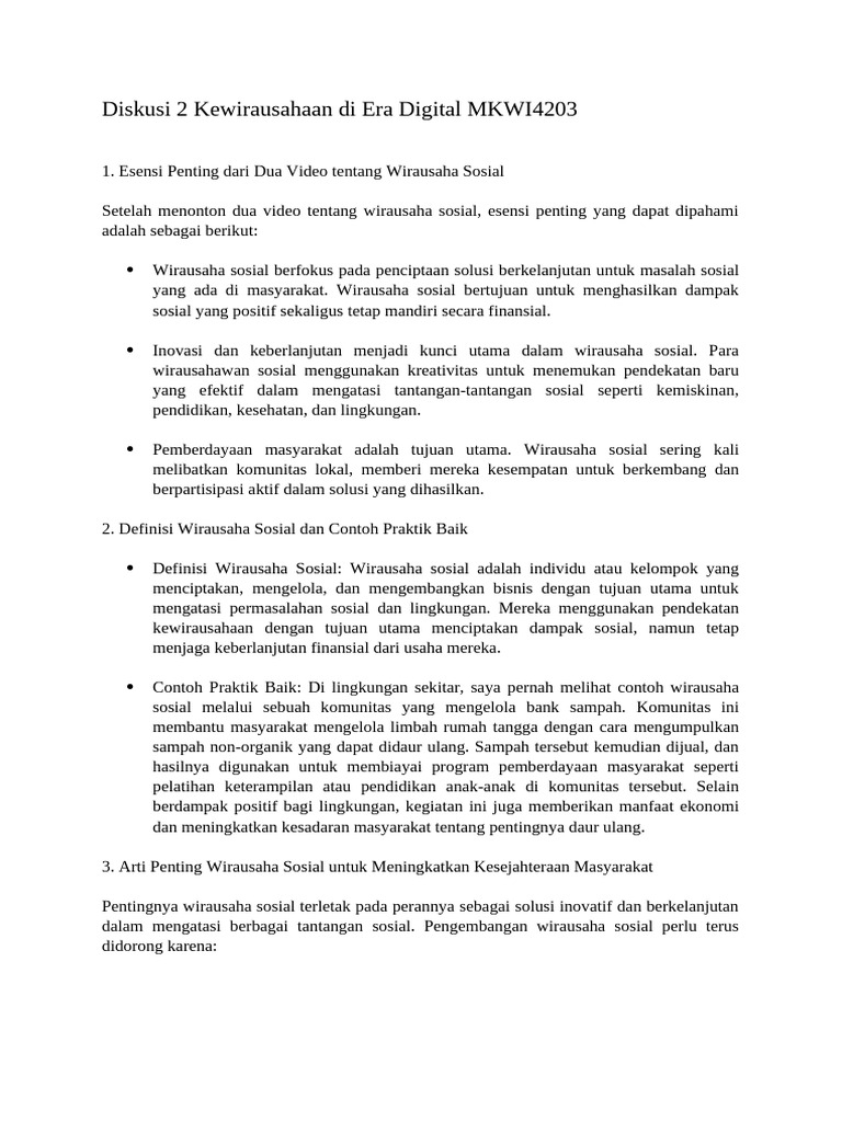 Diskusi 2 Kewirausahaan Di Era Digital MKWI4203 | PDF