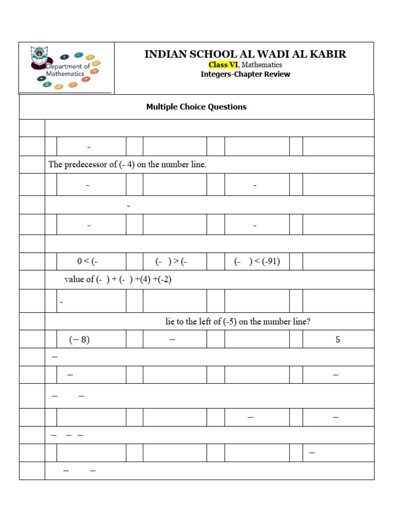 Worksheet No.4-Integers Chapter Review-VI | PDF | Mathematics