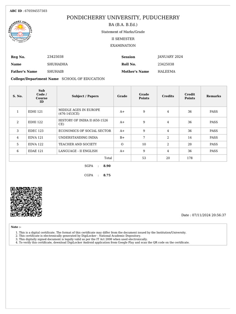 Four Year Integrated Degree (B.a. B.ed.) Yearsession 2023-2024-January Regular Term 2 Grade Card ...