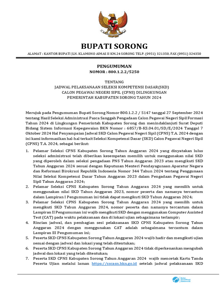 Pengumuman Jadwal SKD Formasi 2024 Kab Sorong Ok Sign1 | PDF