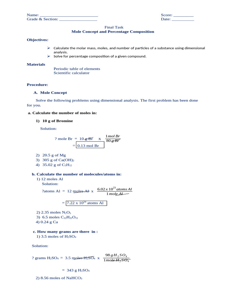 Mole Concept and Percentage Composition Final Task | PDF | Mole (Unit ...