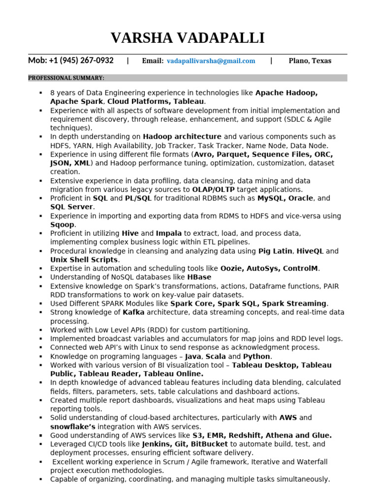 Varsha Vadapalli | PDF | Apache Spark | Apache Hadoop