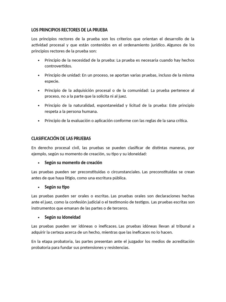 Principios y Clasificación de Pruebas en Derecho | PDF | Testigo | Ley ...