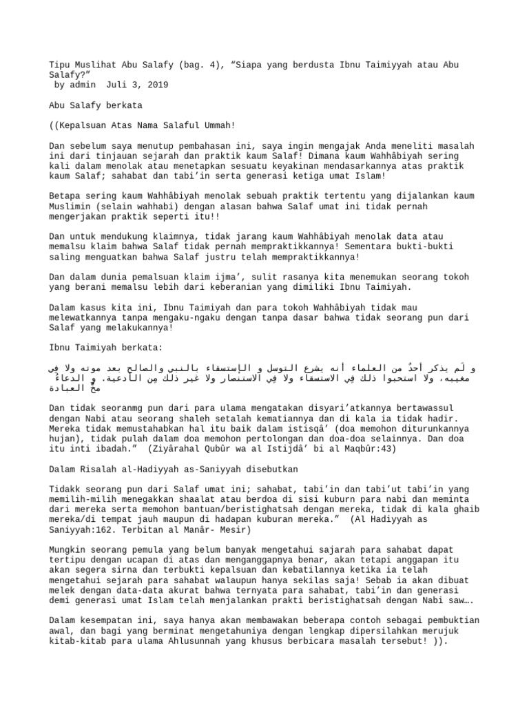 Tipu Muslihat Abu Salafy (Bag. 4), "Siapa Yang Berdusta Ibnu Taimiyyah Atau Abu Salafy - " | PDF