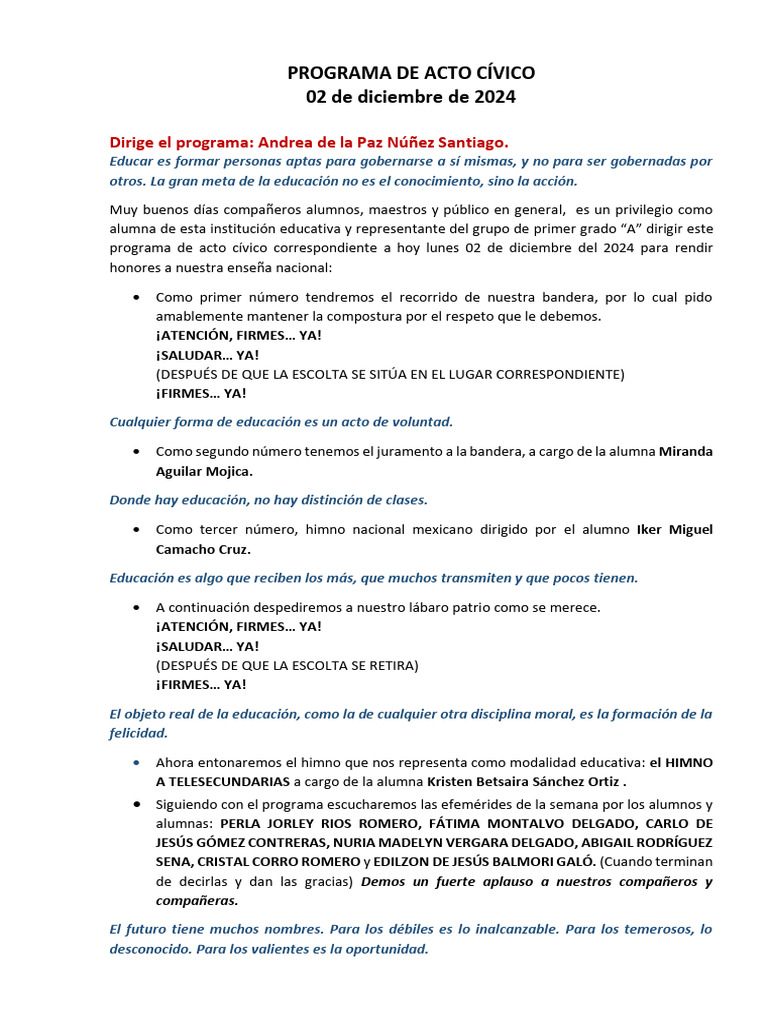 Programa de Acto Cívico Lunes 02 de Enero Del 2024 | PDF | México