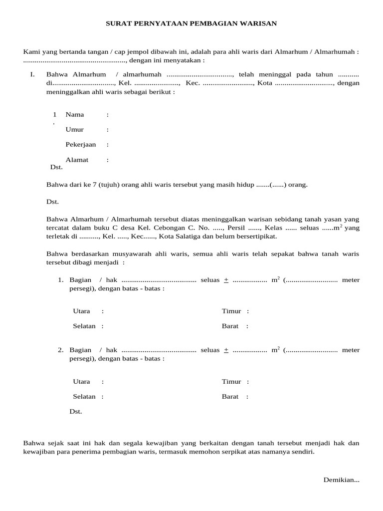 Surat Pernyataan Pembagian Warisan | PDF