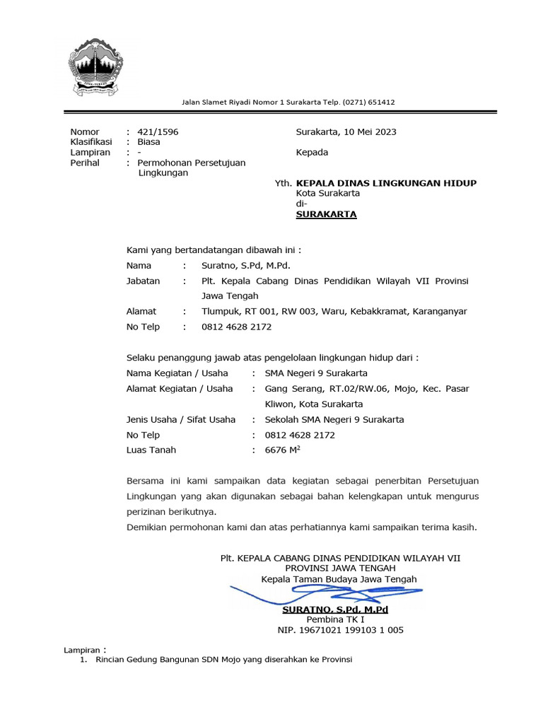 Surat Permohonan Ukp-Upl Sma N 9 Surakarta | PDF
