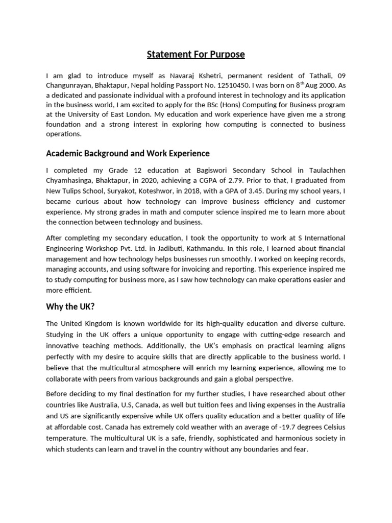 Statement For Purpose | PDF | Motivation | Motivational