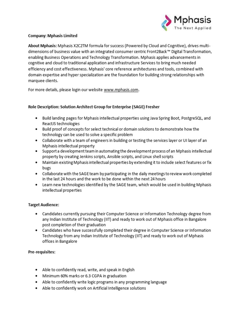 Mphasis Sage JD | PDF | Computing | Information Technology