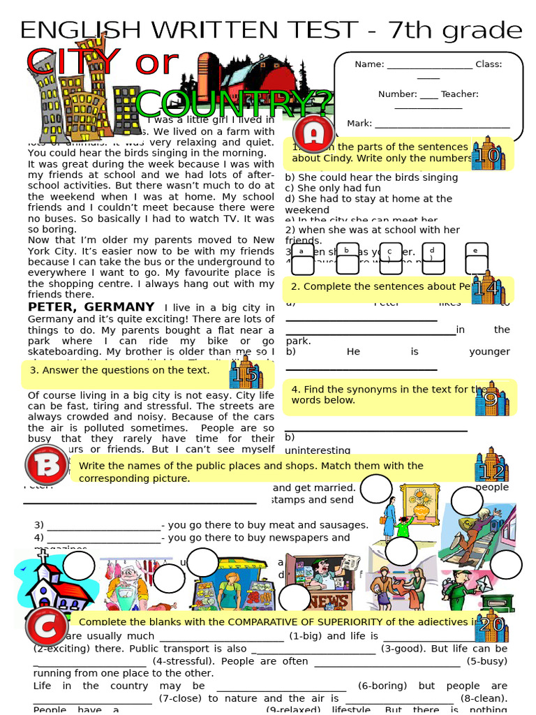 City Vs Countrylife Test 7th Grade Reading Comprehension Exercises ...