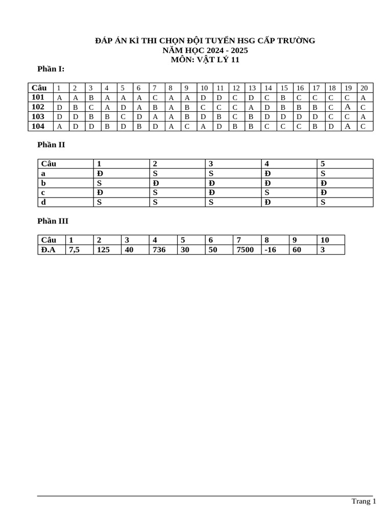 Đáp Án Liên TRG | PDF