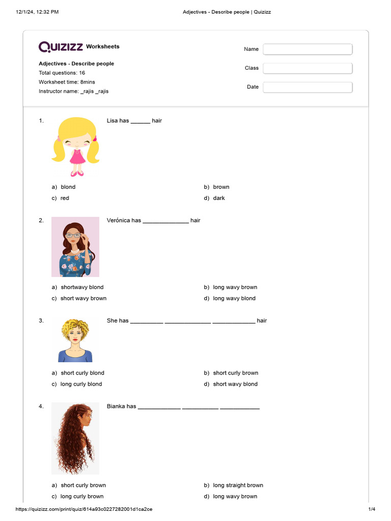 Adjectives - Describe People - Quizizz | PDF | Blond | Clothing