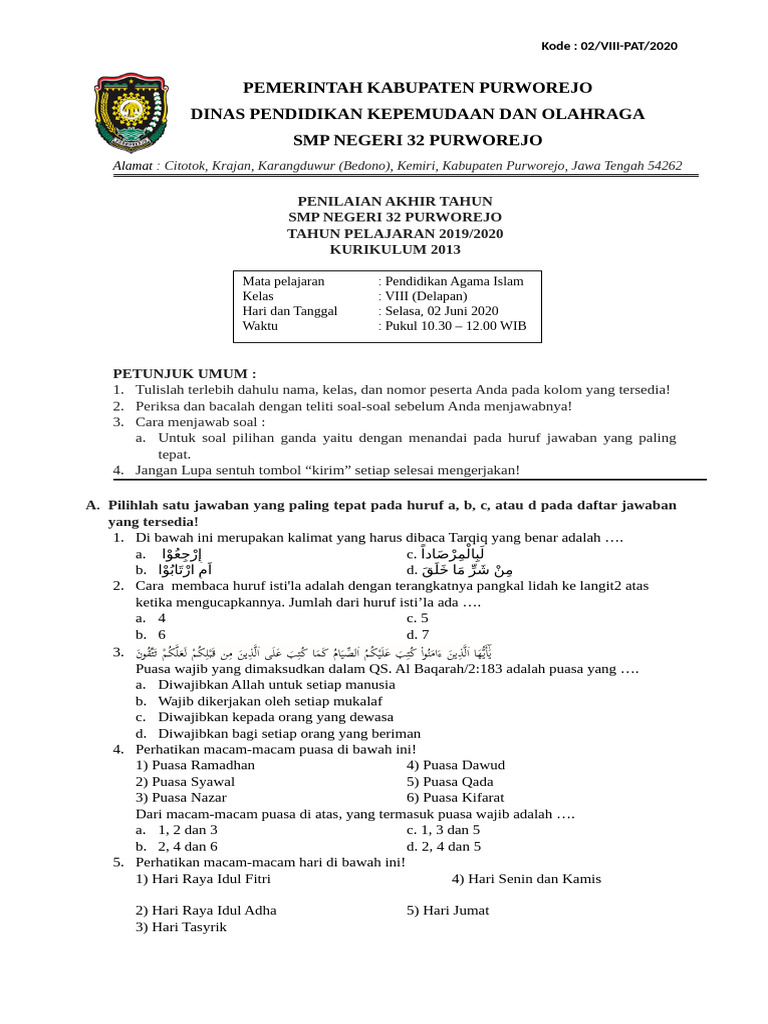 Soal PAT PAI Kelas VIII 2020 | PDF
