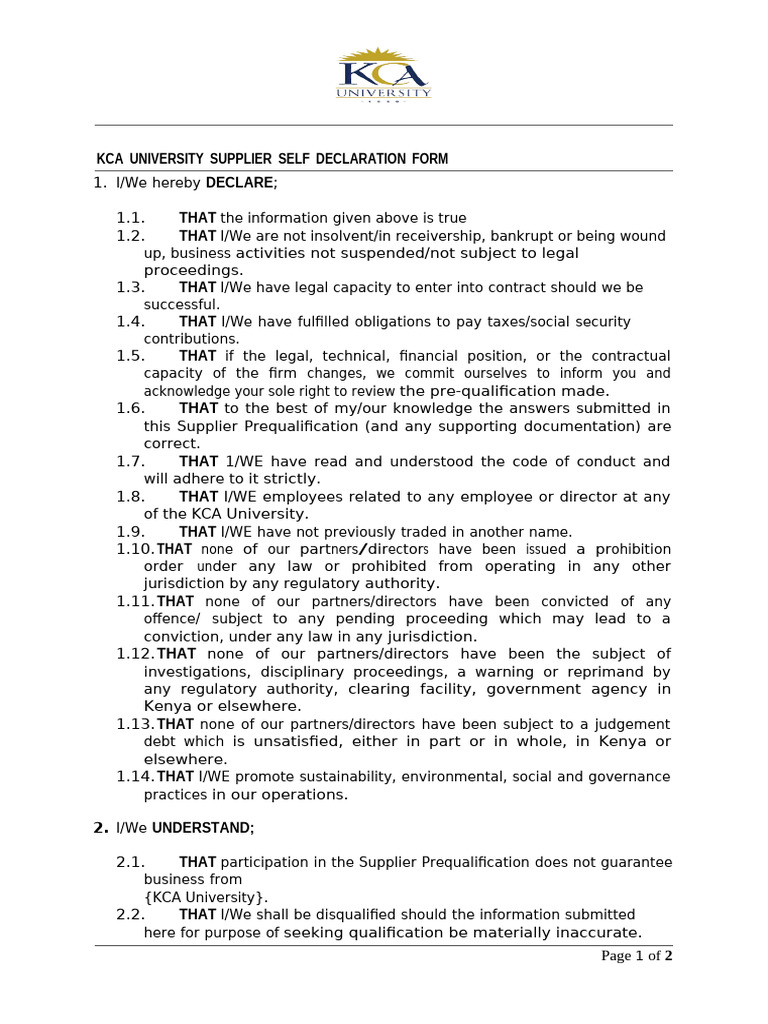KCAU SUPPLIER DECLARATION FORM BDNMSML | PDF | Bankruptcy | Government