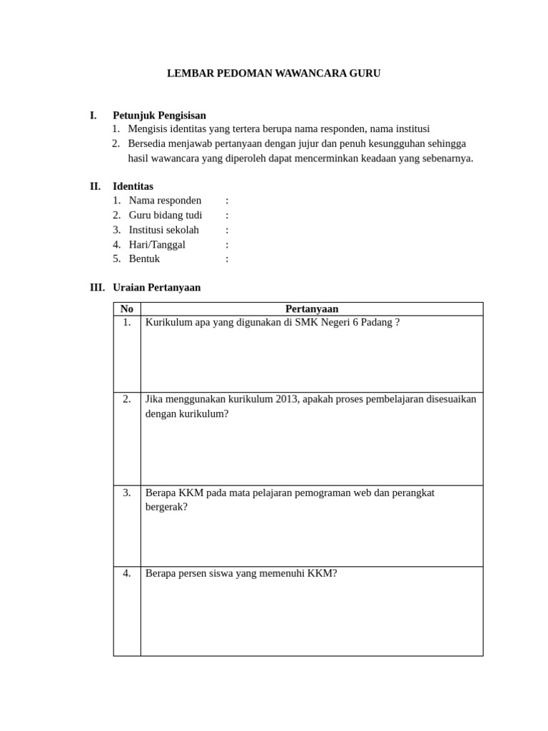 Lembar Pedoman Wawancara Guru | PDF