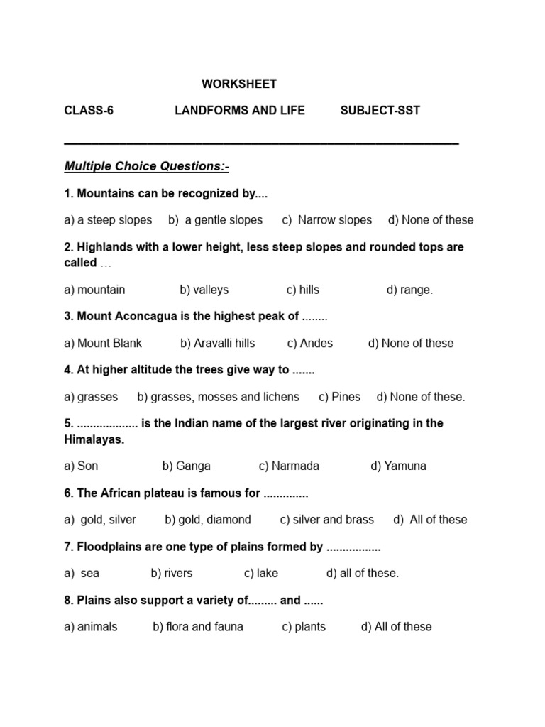 WORKSHEET - Landforms and Life | PDF | Mountains | Plateau