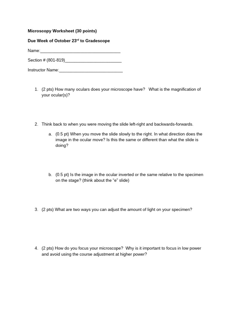 Lab 5 Microscopy Worksheet F23 | PDF | Microscopy | Laboratories