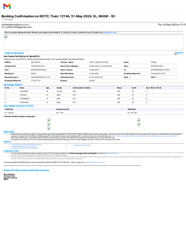 Train Ticket | PDF | Service Industries